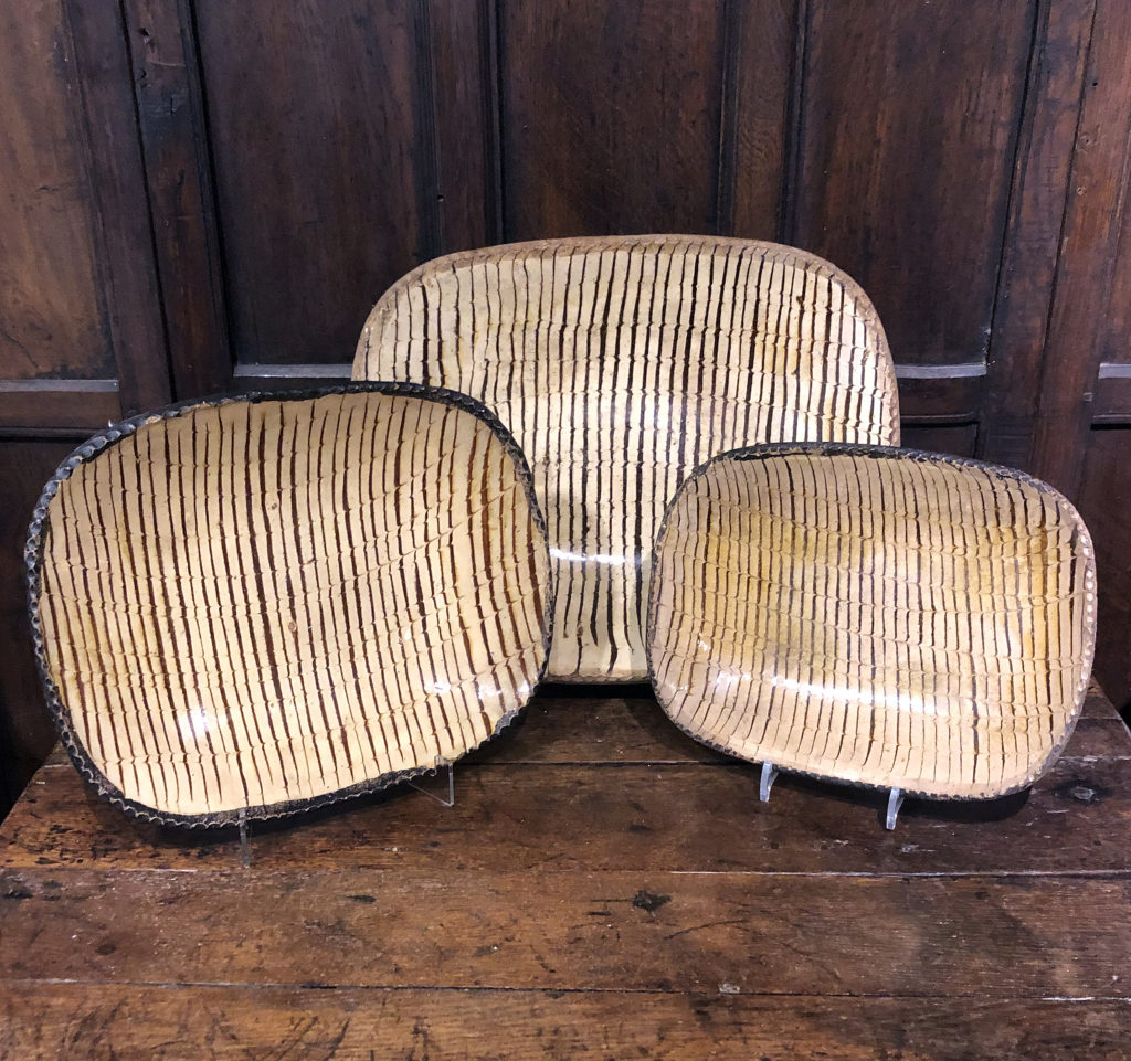 Three English comb decorated slipware earthenware baking or loaf dishes ...