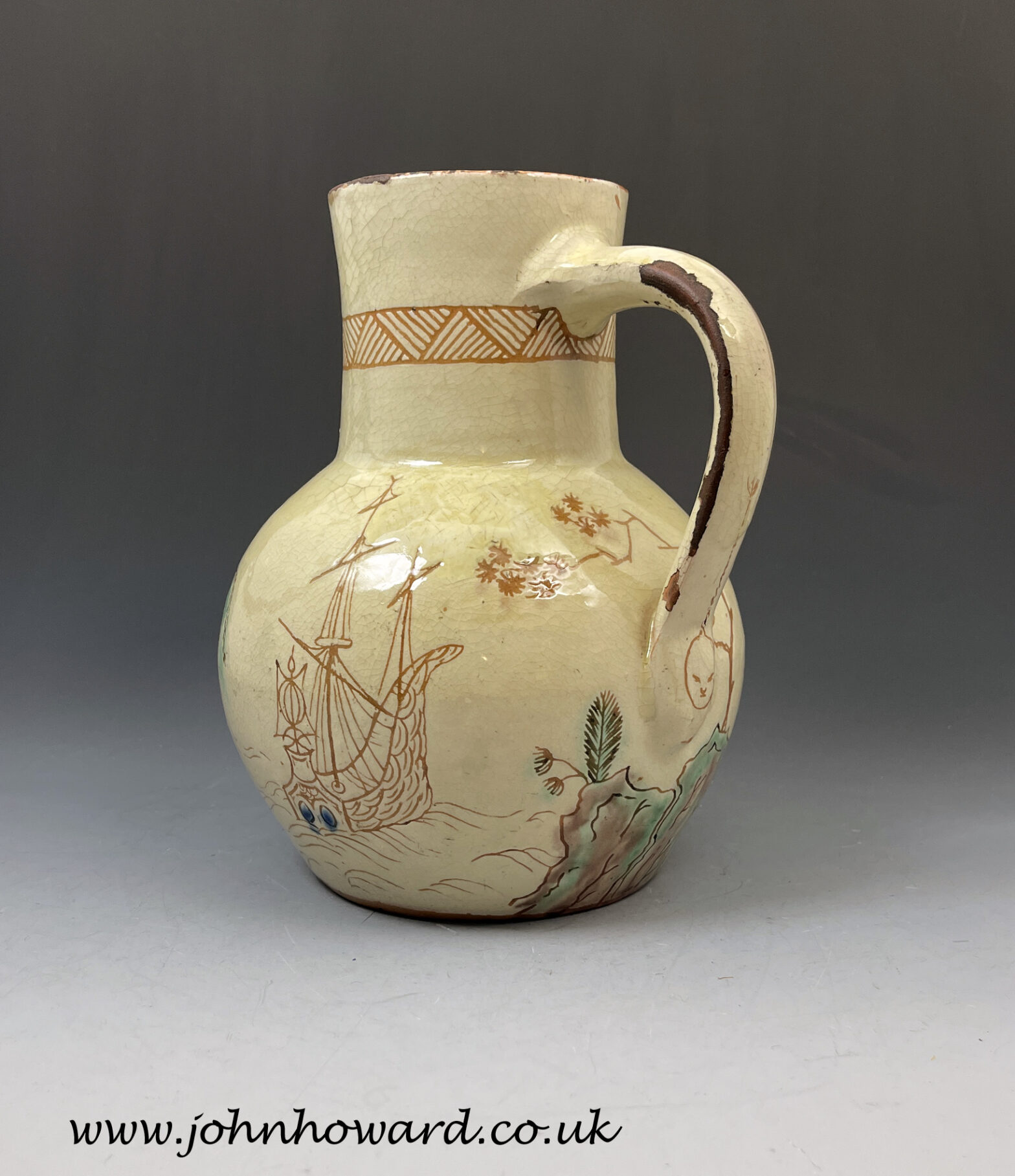 Edwin Fishley slipware pitcher sgraffito decorated in the oriental ...